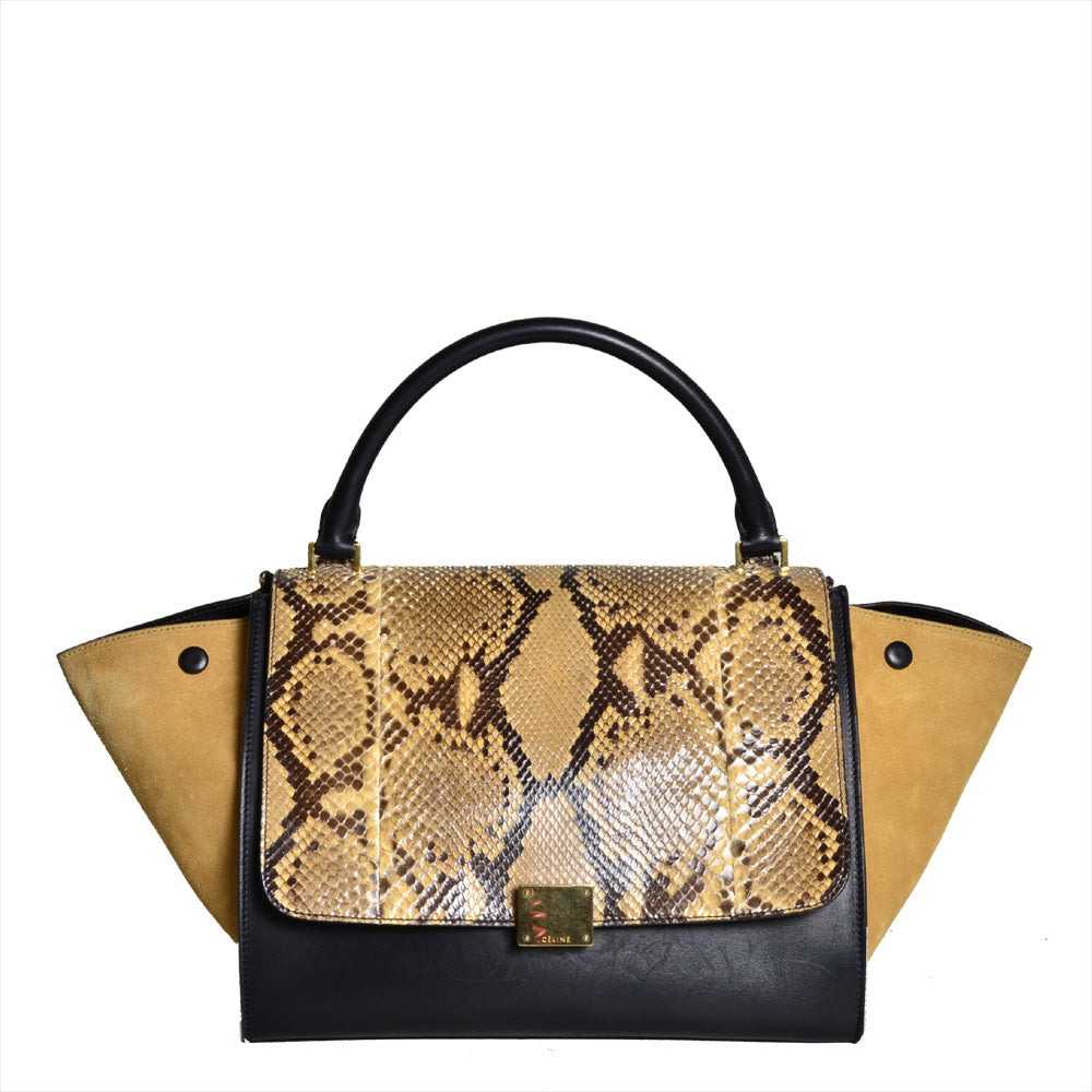 Celine Trapez Python Schlange Leder Schwarz Beige Hardware Gold – ewa lagan